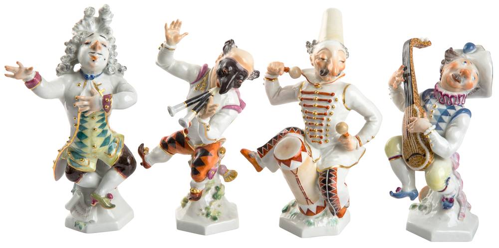 FOUR PORCELAIN FIGURES OF DWARF MUSICIANS, INTERMEZZO OR ZWERGENKAPELLE ...