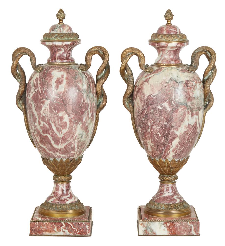 A PAIR OF BRONZE MOUNTED RED MARBLE URNS — International Fine ...