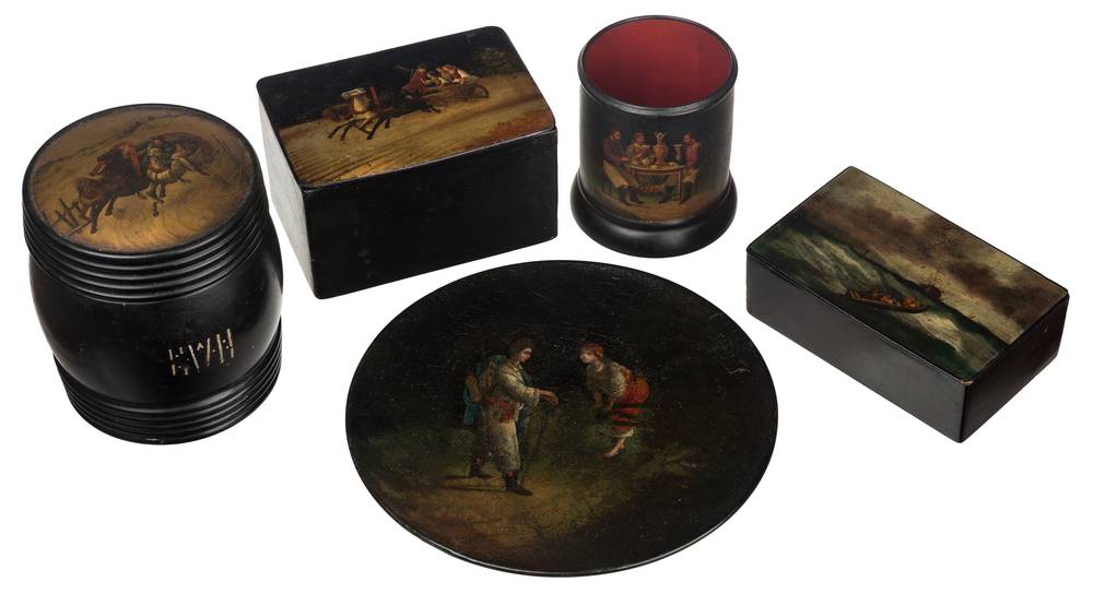 A GROUP OF FIVE ANTIQUE RUSSIAN LACQUERWARE ITEMS, VISHNYAKOV FACTORY ...